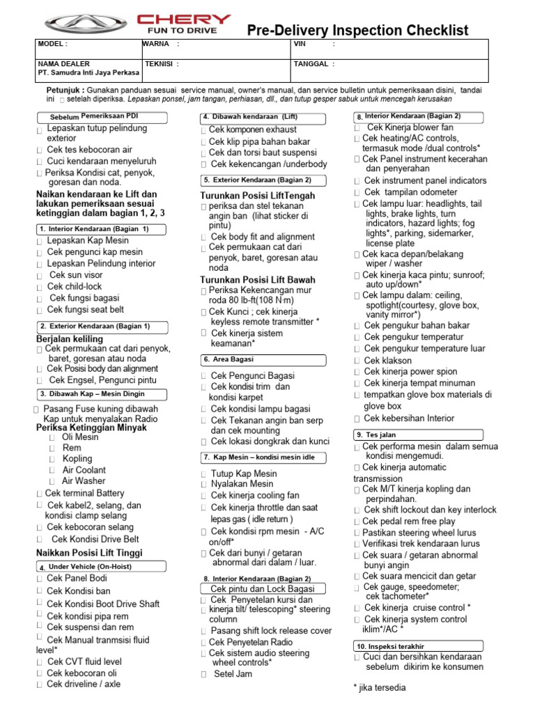 Chery PDI Sheet Bahasa | PDF