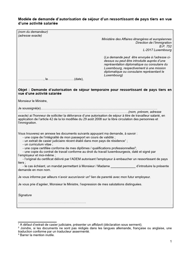 Modele Autorisation Sejour Salarie | PDF | Luxembourg | Déclaration ...