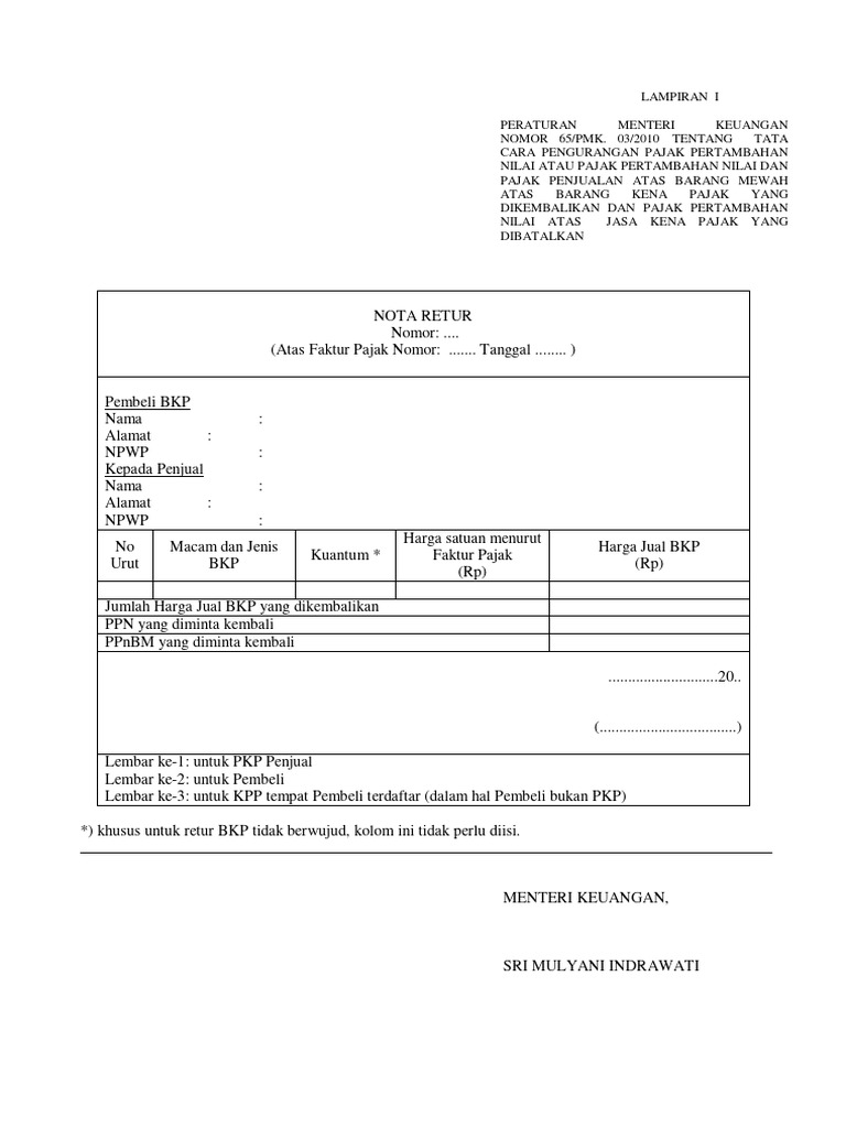 Nota Retur Pajak Berdasarkan PMK 65/2010 | PDF