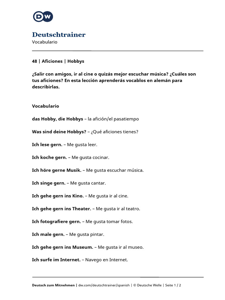 Vocabulario de Hobbies en Alemán | PDF | Poesía