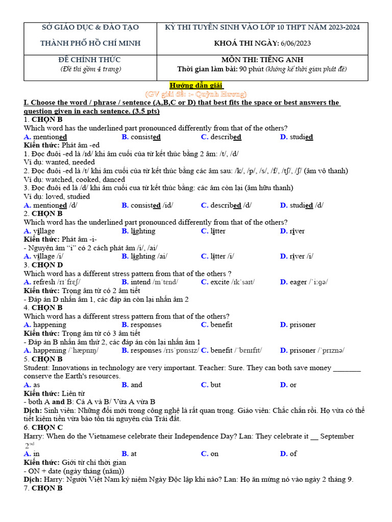 TS 10 Ta TPHCM 2023 2024 Dap An Chi Tiet | PDF