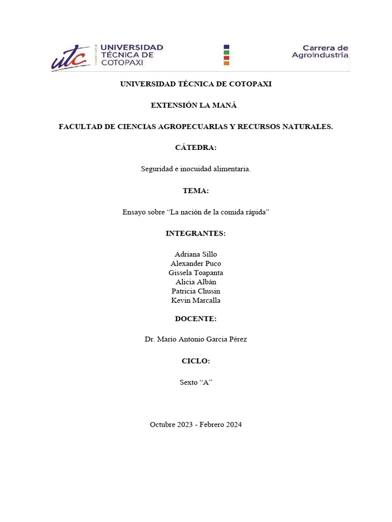 Ensayo Nación de La Comida Rapida | PDF | Alimentos | Seguridad alimenticia