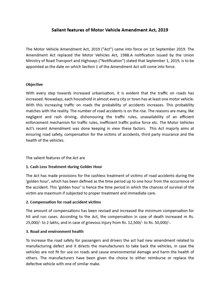 Salient Features of MV Amendment Act 2019 | PDF | Traffic Collision ...