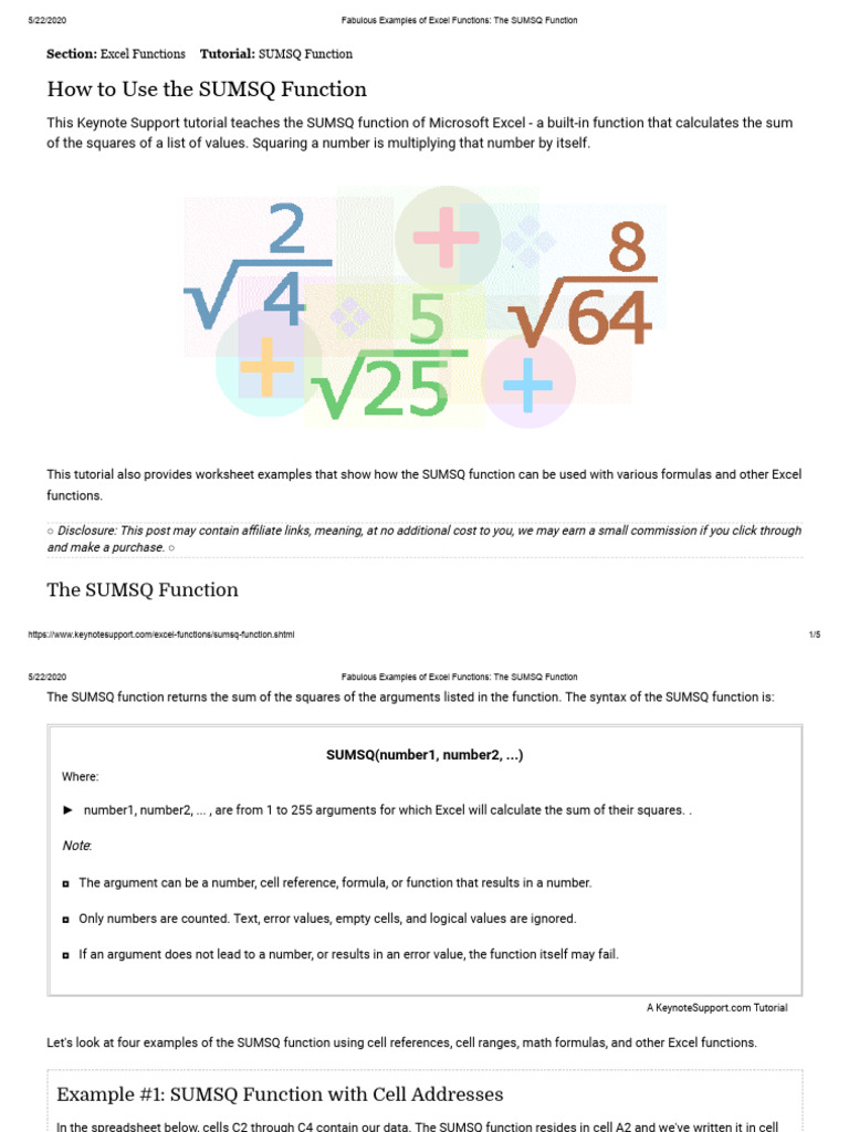 Fabulous Examples of Excel Functions - The SUMSQ Function | PDF | Microsoft Excel | Function ...