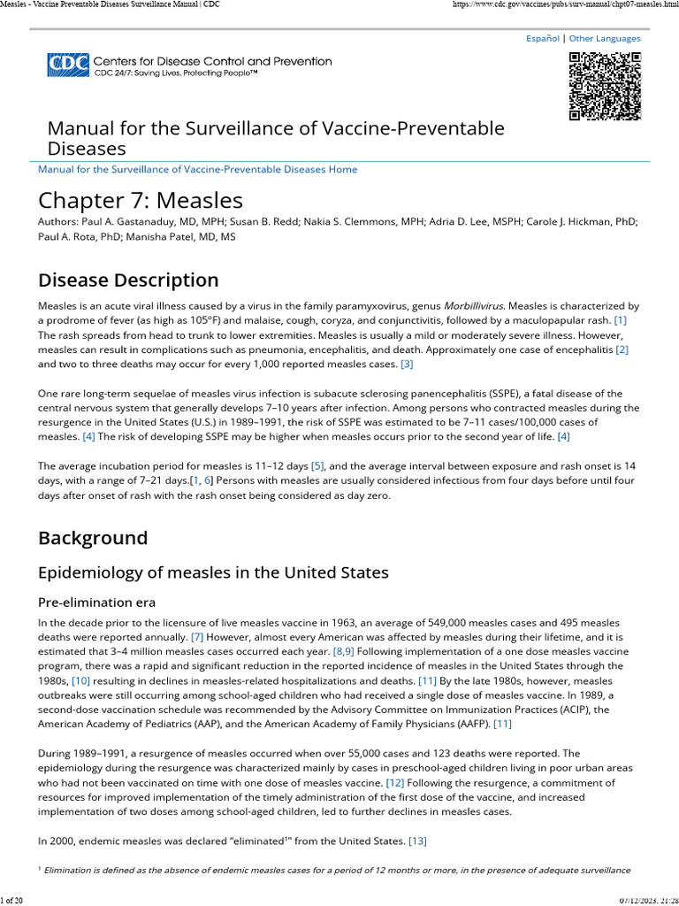 Measles - Vaccine Preventable Diseases Surveillance Manual CDC | PDF