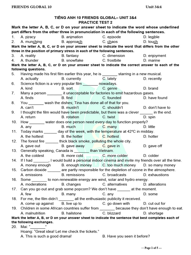 Friends Global 10 Unit 3&4 Practice Test | PDF | Moon | Earth