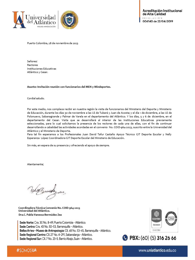 Carta de Invitación A Rectores Reunión Visita MEN y MinDeporte | PDF