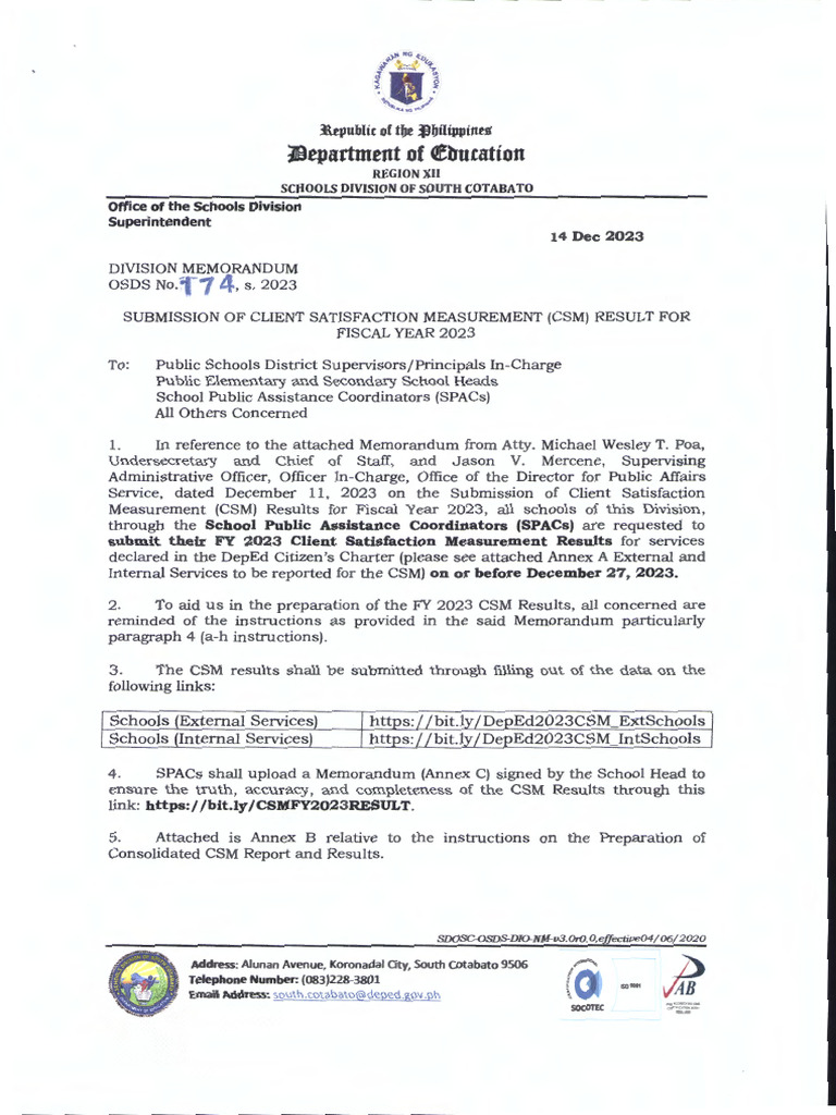 DM Osds No. 174, S. 2023-Submission of Client Satisfaction Measurement ... DM Osds No. 174, S. 2023-Submission of Client Satisfaction Measurement ...
