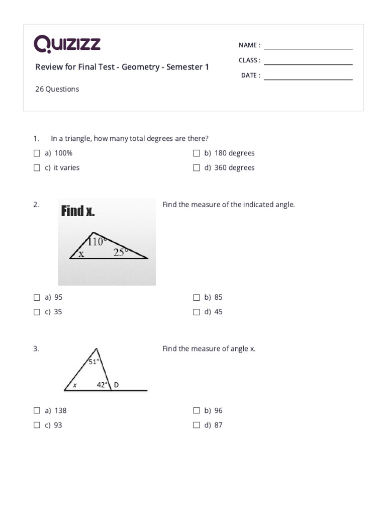 Review For Final Test - Geometry - Semester 1 Print - Quizizz | PDF ...