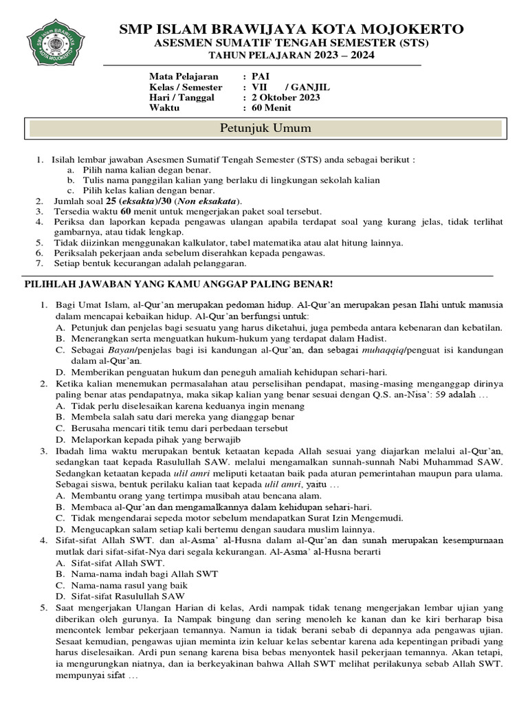 Soal PAI Kelas VII PTS Ganjil 2023 | PDF | Agama & Spiritualitas