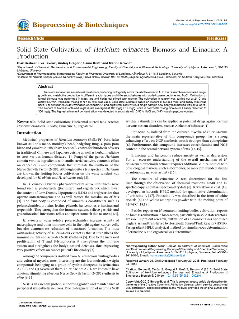 Solid State Cultivation of Hericium Erinaceus Biomass and Erinacine A ...