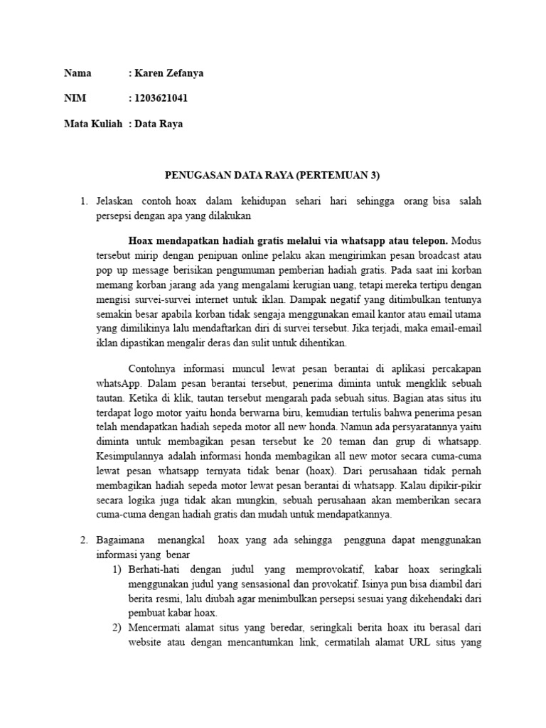 Penugasan Data Raya (Pertemuan 3) Karen Zefanya 1203621041 | PDF | Ilmu Sosial