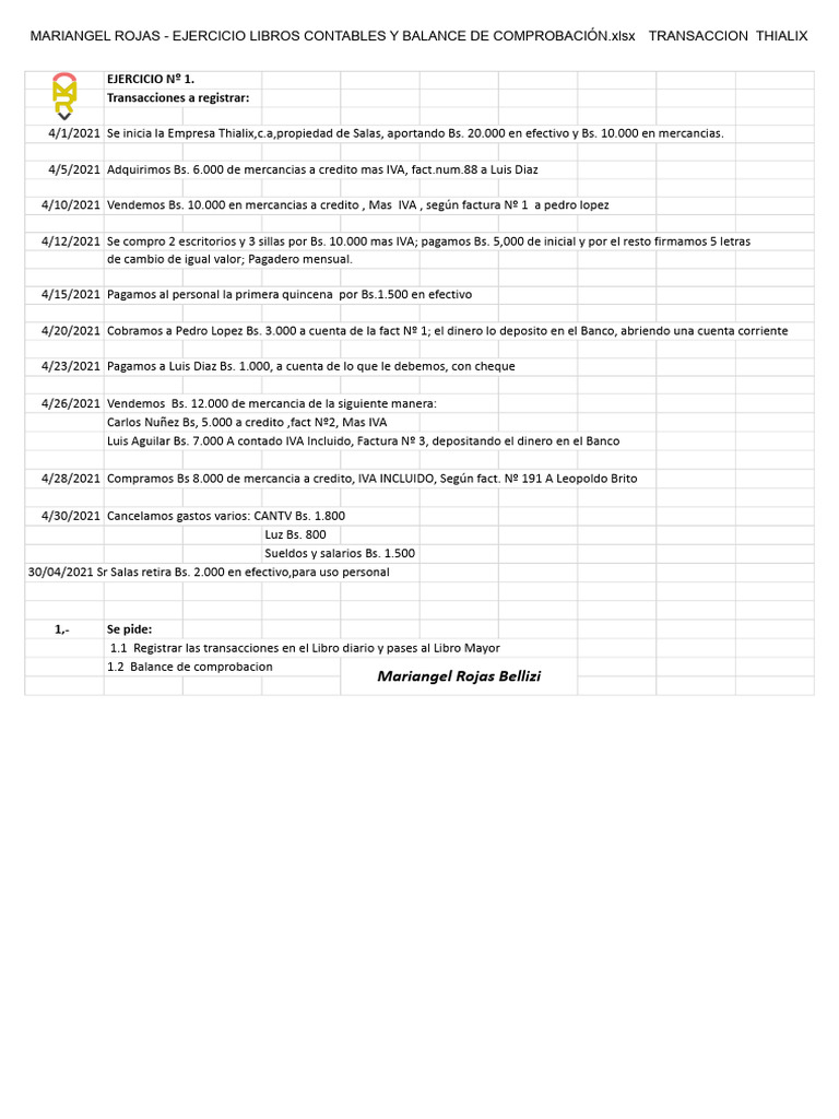 MARIANGEL ROJAS EJERCICIO LIBROS CONTABLES Y BALANCE DE COMPROBACIoNxlsx | PDF