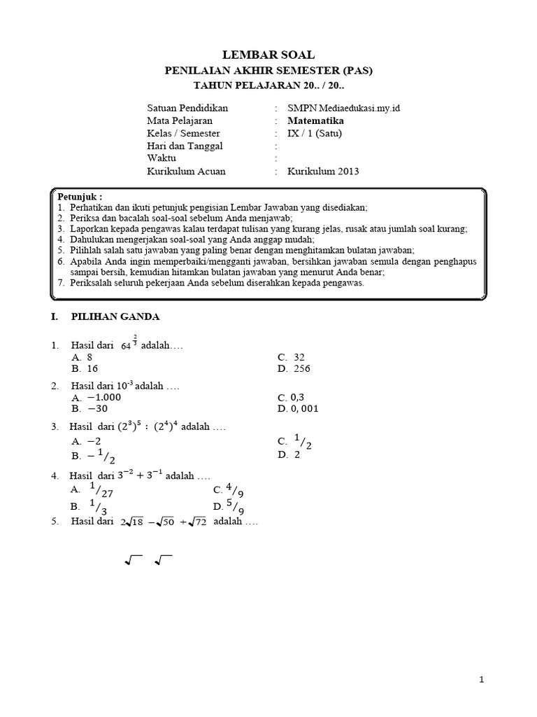 Soal Pas Matematika Kelas 9 Semester 1 k13 - Mediaedukasi - My.id | PDF