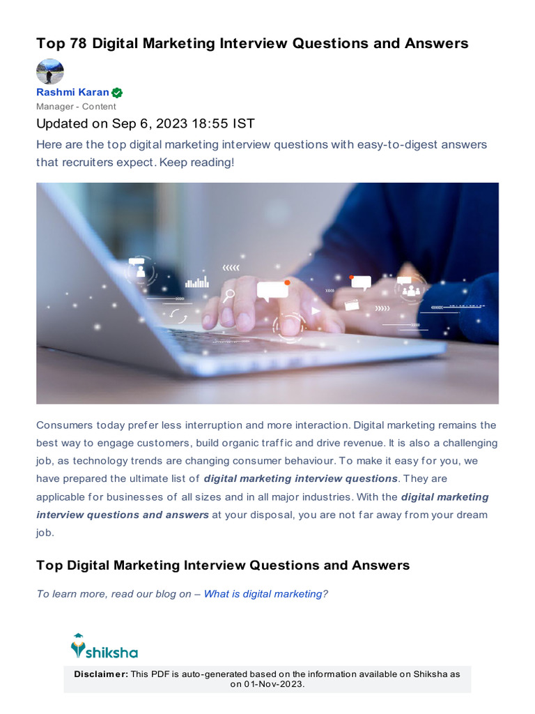 Top 78 Digital Marketing Interview Questions and Answers: Updated On Sep 6, 2023 18:55 IST ...