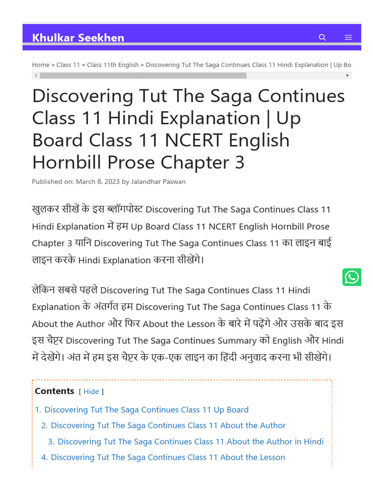 Discovering Tut: Class 11 Summary | PDF