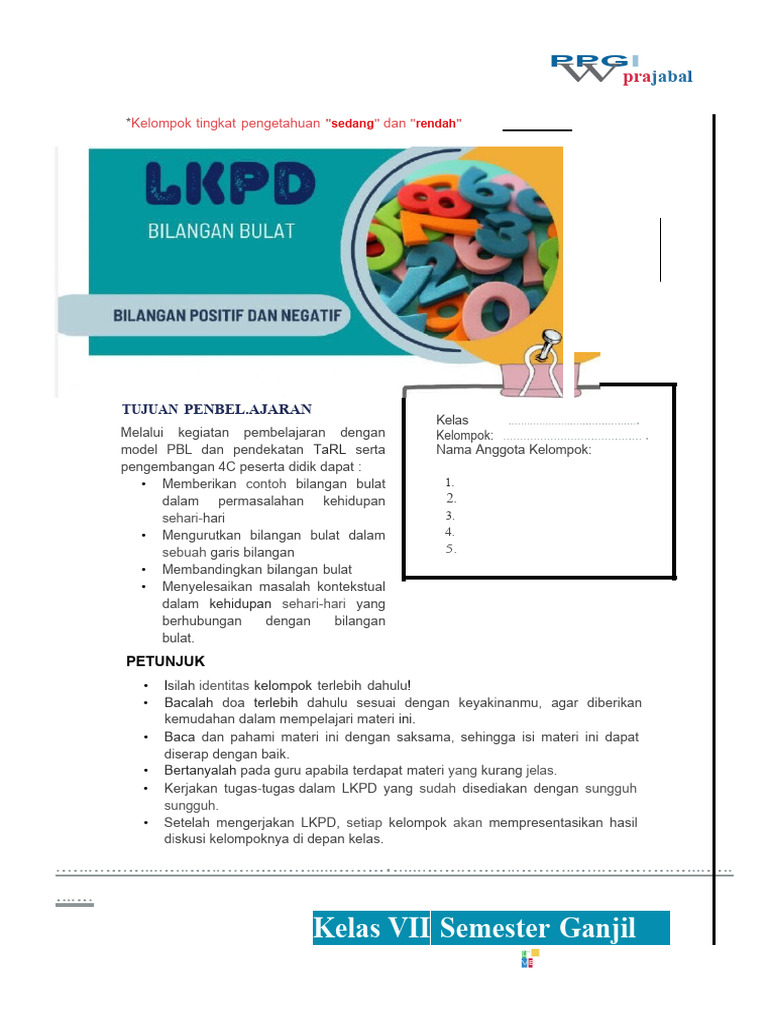 LKPD Bilangan Bulat Kelas 7 | PDF