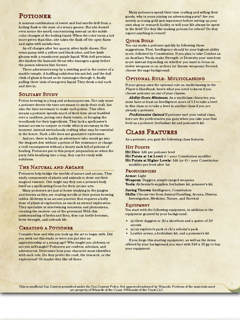 D&D 5E - Homebrew - Class Potioner | PDF | Fictional Superhuman ...