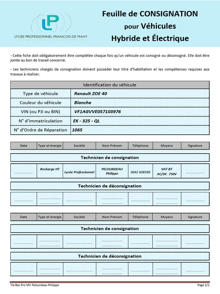 Feuille de Consignation VE - VH | PDF | Électrotechnique | Véhicule ...