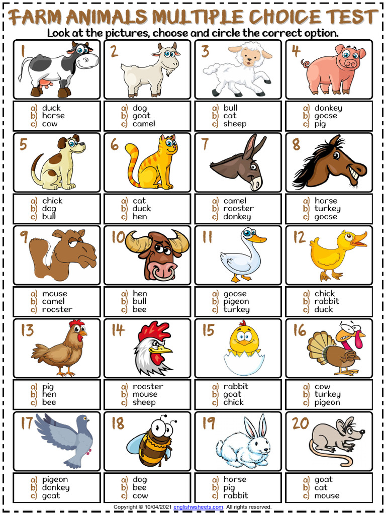 Farm Animals Vocabulary Esl Multiple Choice Test For Kids | PDF
