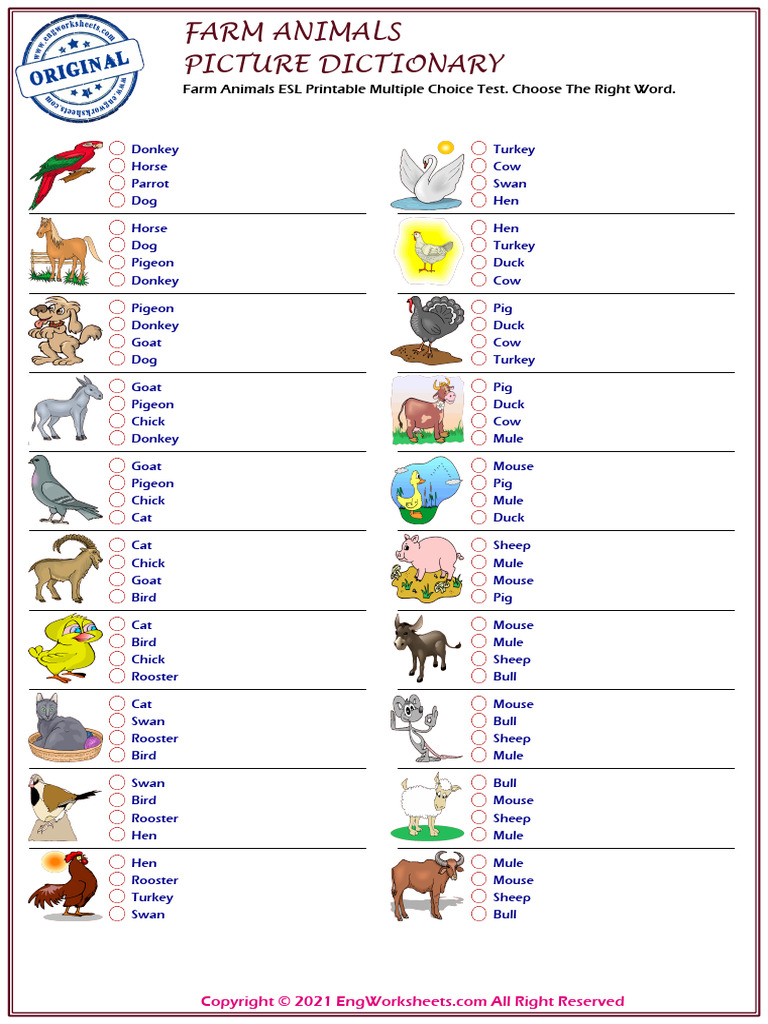 ESL Farm Animals Quiz | PDF