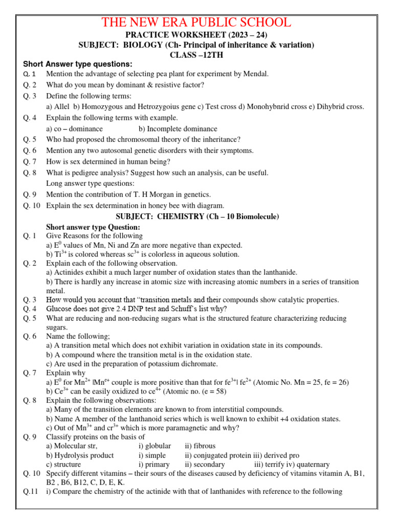 Class - 12th Worksheet 2023-24 | PDF | Transition Metals | Redox Class - 12th Worksheet 2023-24 | PDF | Transition Metals | Redox