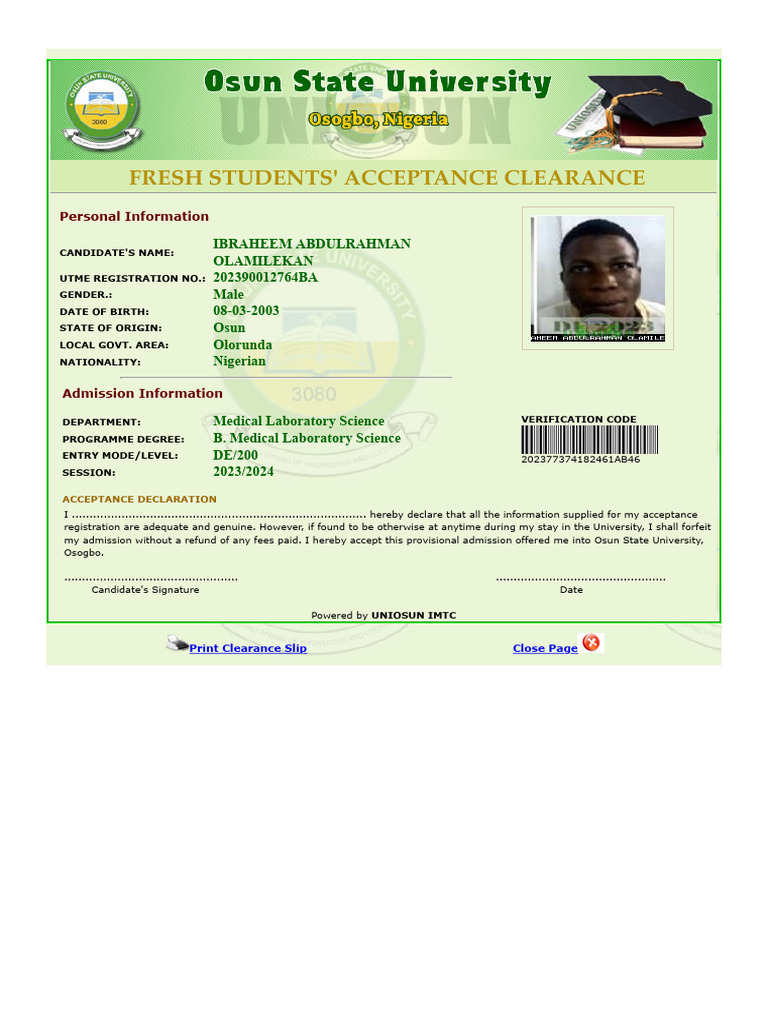 2023 Fresh Students' Acceptance Clearance | PDF