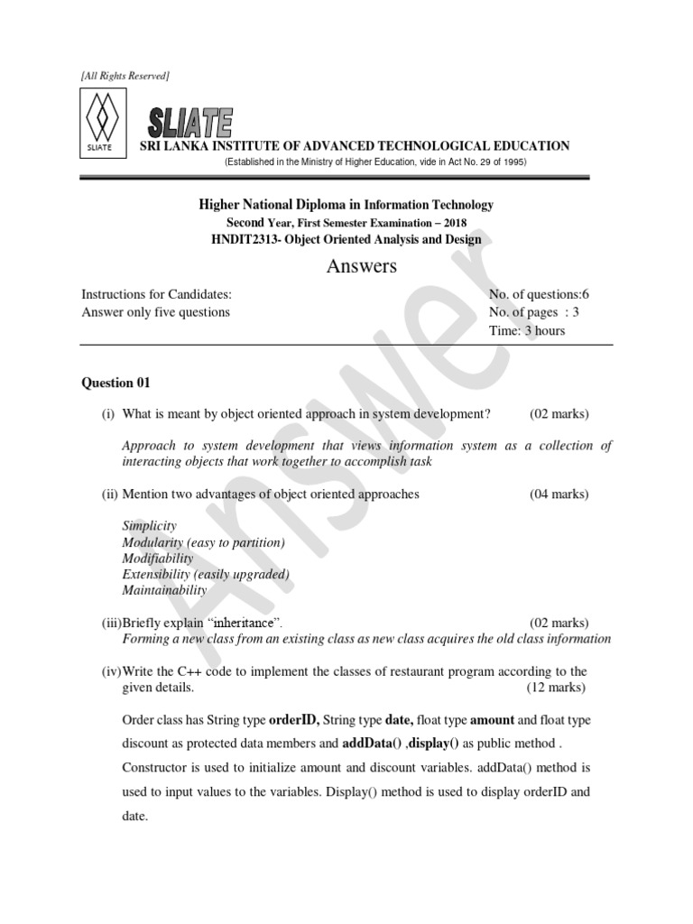 2018 Marking Hndit2313 Object Oriented Analysis And Design Pdf Method Computer