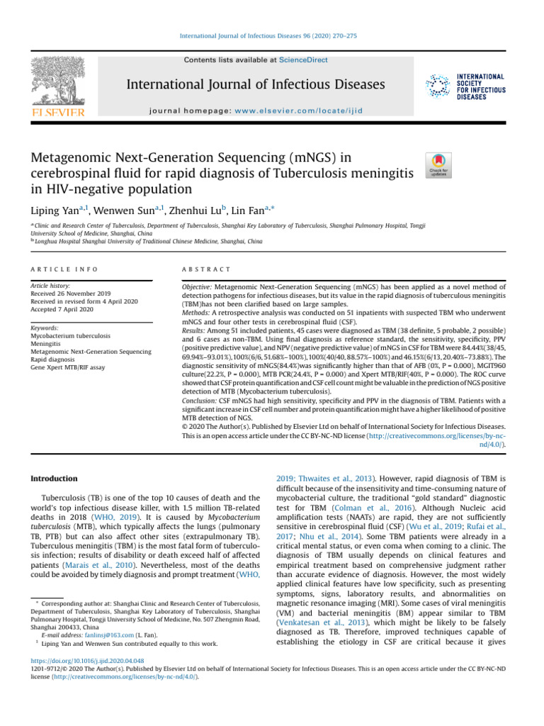 Metagenomic Next-Generation Sequencing (MNGS) in Cerebrospinal Fluid For Rapid Diagnosis of ...