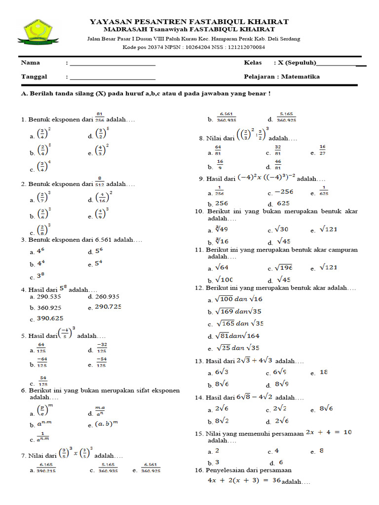 SOAL UAS SM1 Kls10 MTK | PDF