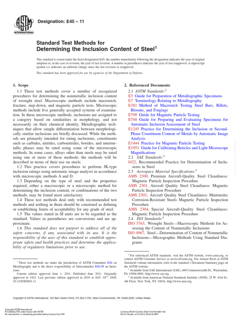 Astm E45-11 | PDF | Steel | Heat Treating