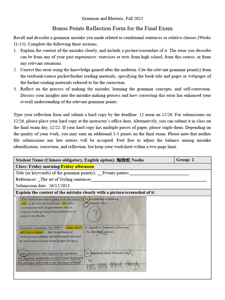 Bonus Points Reflection Form For The Final Exam | PDF