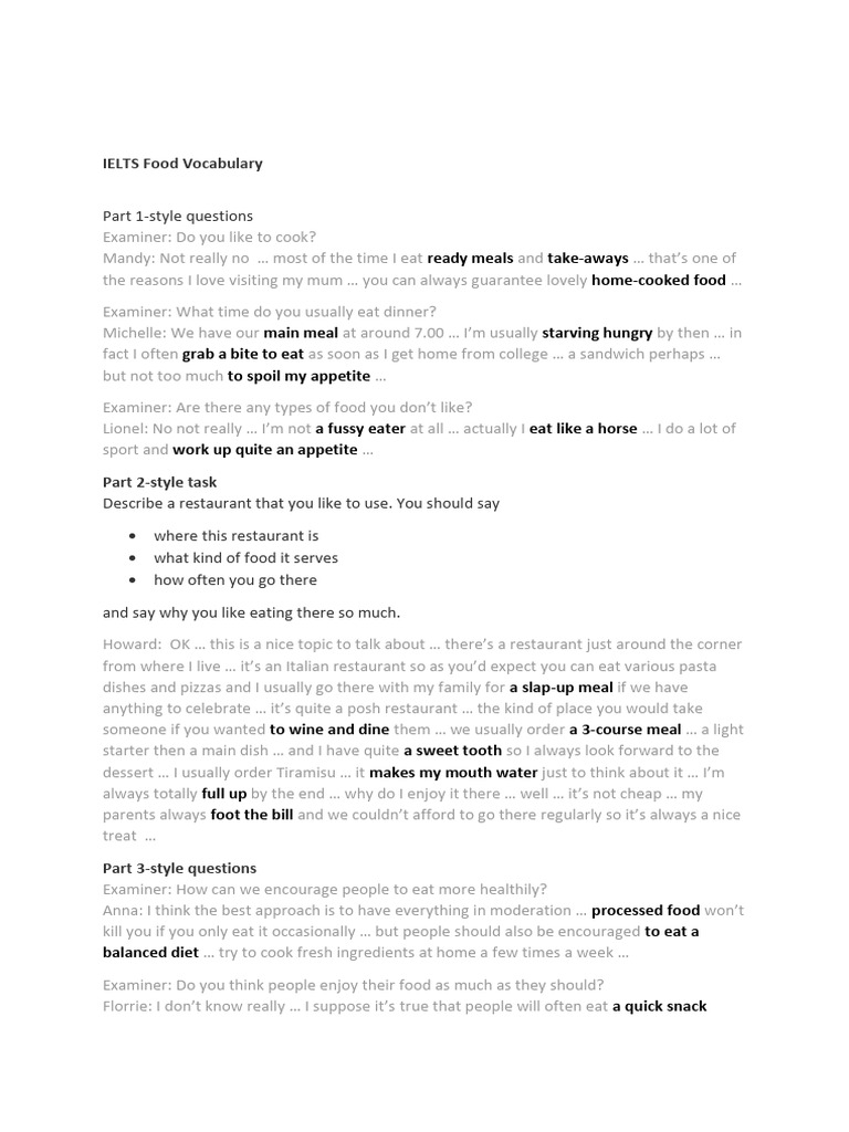 IELTS Speaking Food Vocabulary | PDF | Cooking, Food & Wine | Self ...