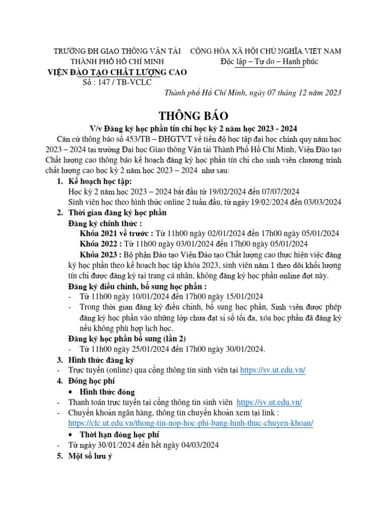 Thong Bao Dang Ky Hoc Phan Hoc Ky 2 Nam Hoc 2023 2024 | PDF
