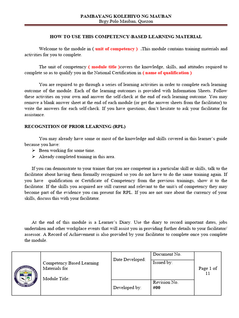 How To Use This Competency To Learning Experience 2 | PDF