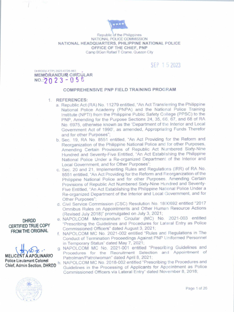PNP MC 2023 056 Comprehensive PNP Field Training Program A20230926 ...