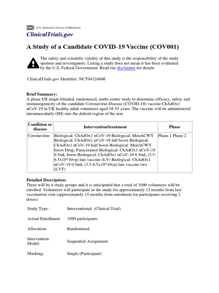 COV001 Phase I and II - AstraZeneca Clinical Trial | PDF | Phases Of ...