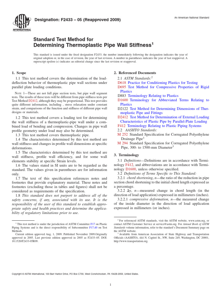 Determining Thermoplastic Pipe Wall Stiffness: Standard Test Method For ...