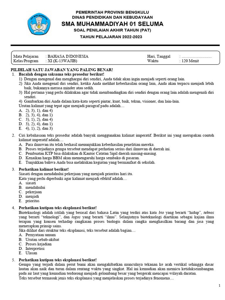 Soal PAT B.Indo Kelas 11 K13 - WWW - Kherysuryawan.id | PDF | Karier & Perkembangan | Seni ...
