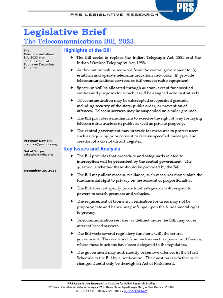 Legislative Brief-Telecommunications Bill 2023 | PDF | Privacy ...