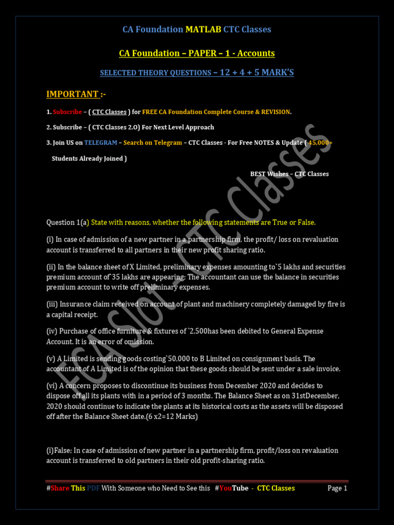 Accounts Theory 21 Marks CTC Classes | PDF | Debits And Credits | Expense