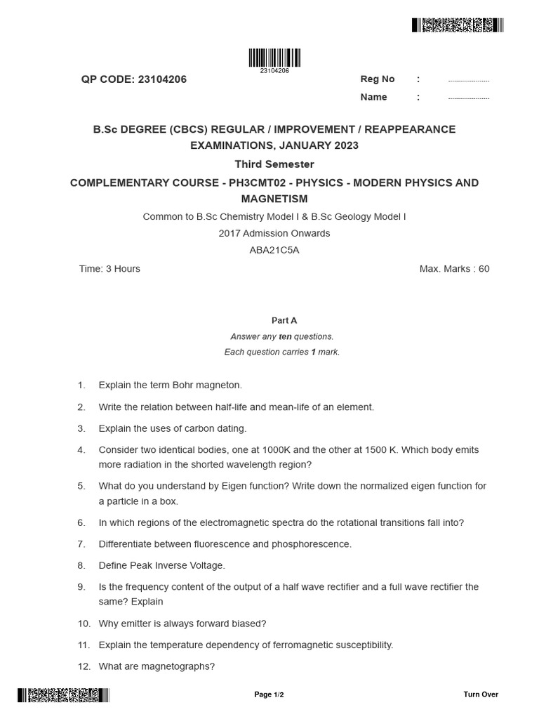 QP CODE: 23104206: Reg No: Name | PDF | Radioactive Decay | Rectifier