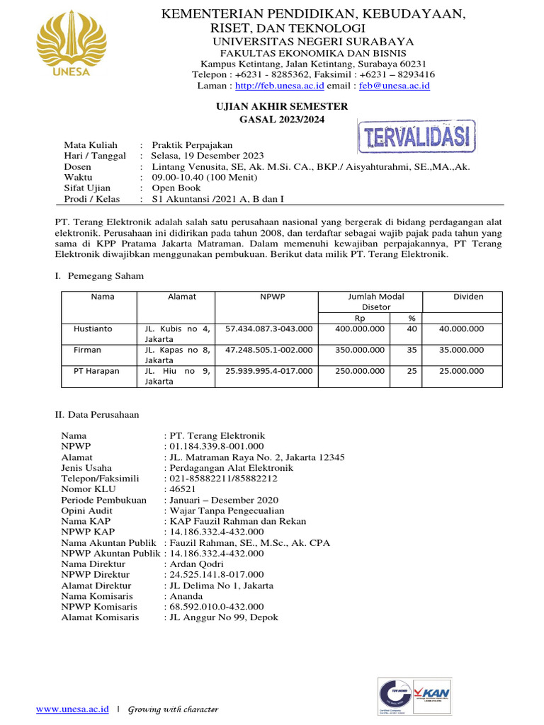 UAS Pajak: Praktik Perpajakan 2023 | PDF
