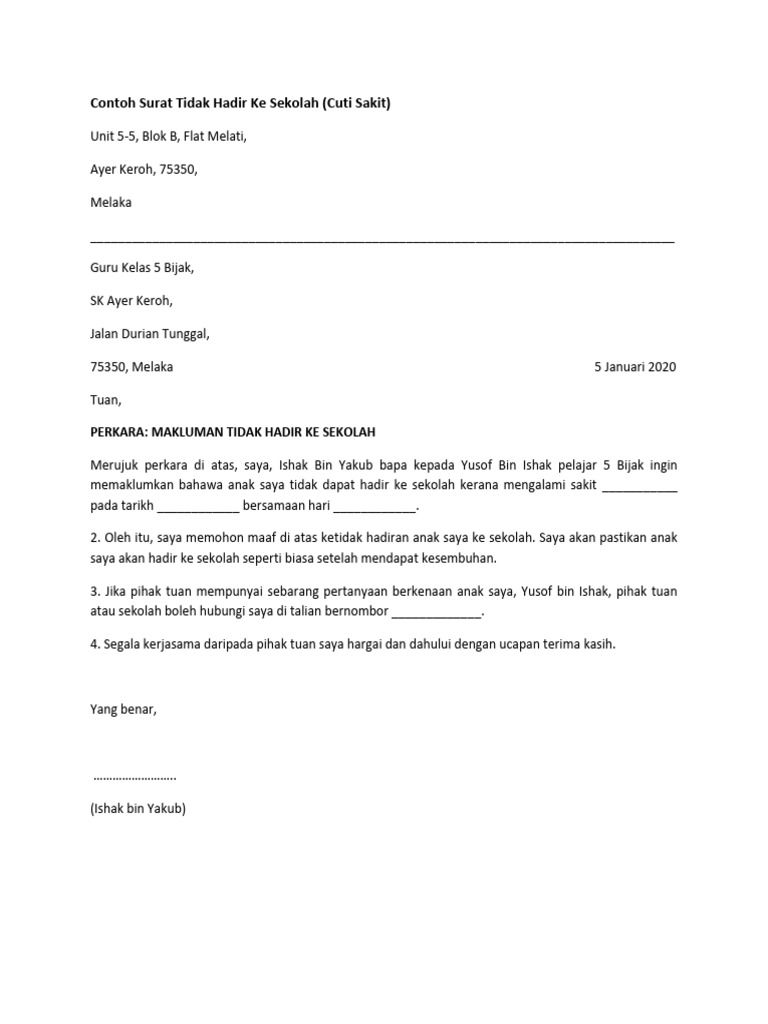 Contoh Surat Tidak Hadir Ke Sekolah | PDF