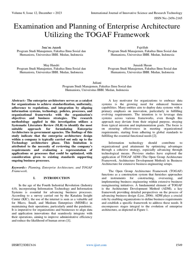 Examination and Planning of Enterprise Architecture Utilizing The TOGAF ...