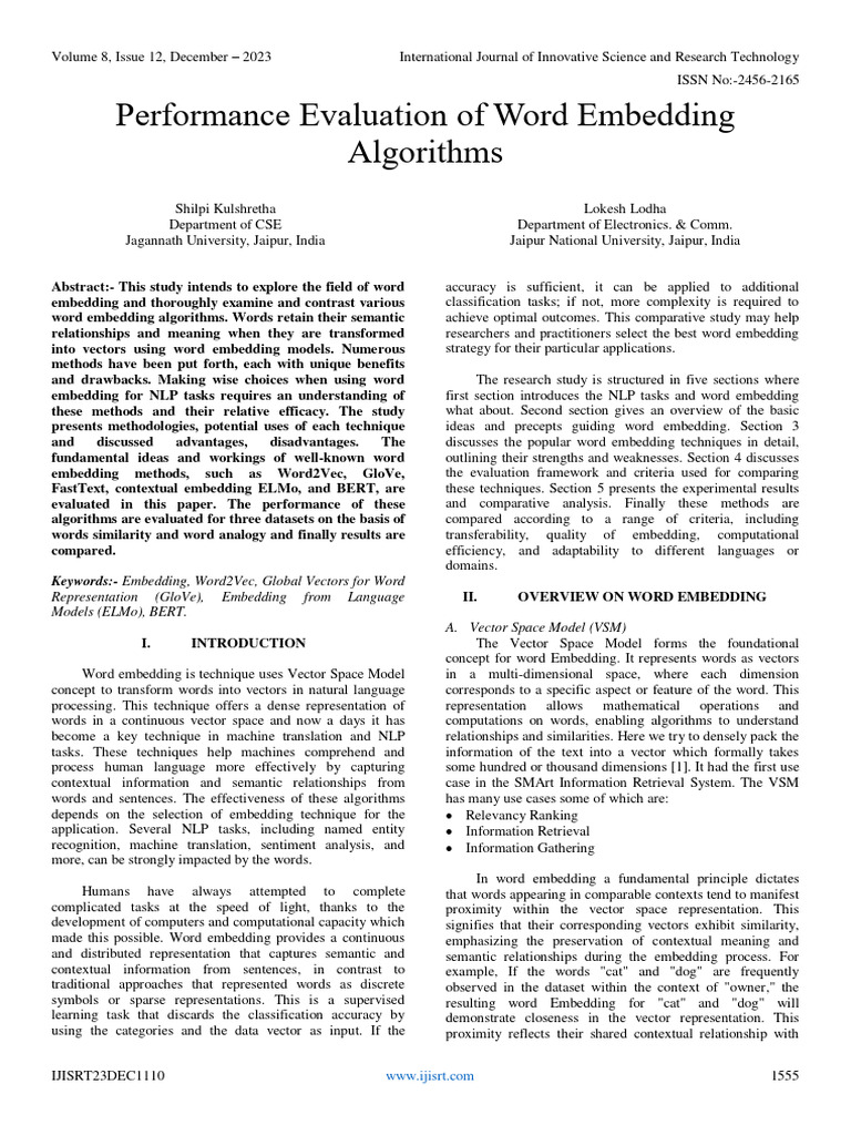 Performance Evaluation of Word Embedding Algorithms | Download Free PDF ...
