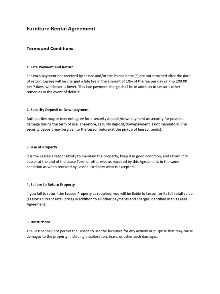 Furniture Rental Agreement Terms | PDF | Lease | Contract Law