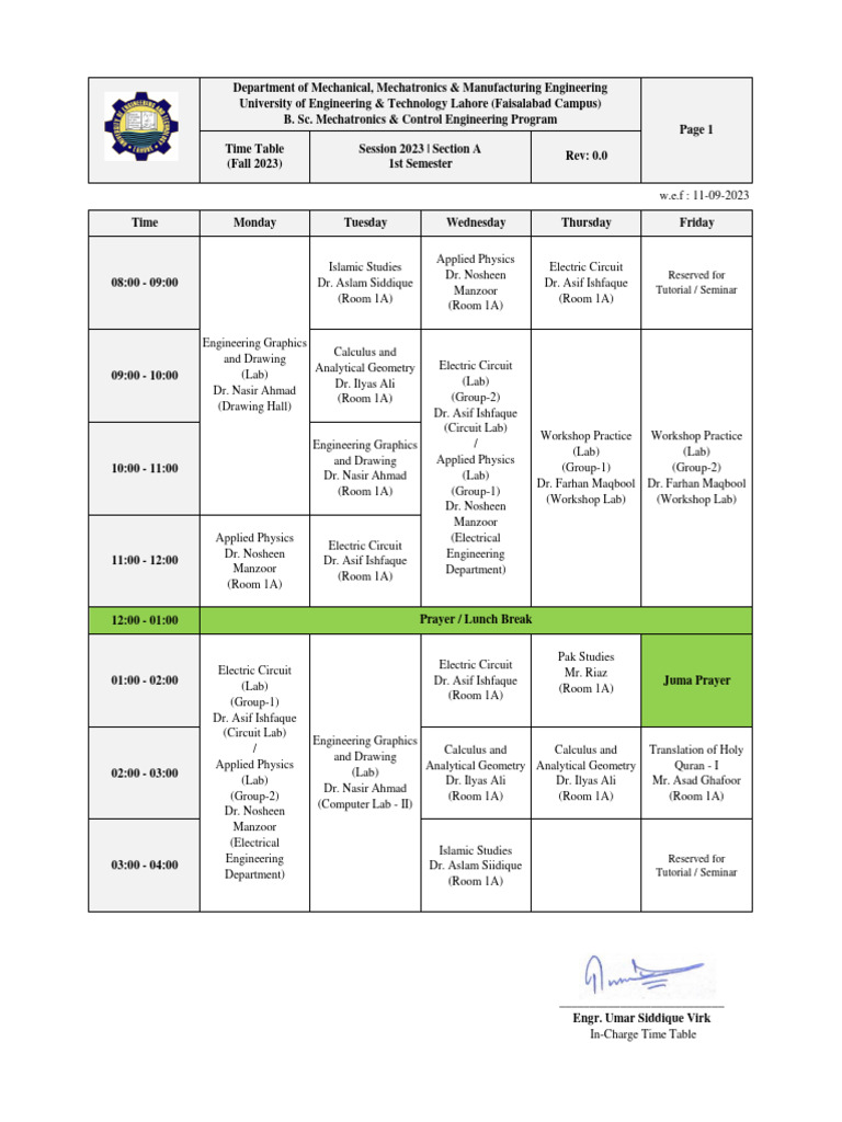 MCT Fall 2023 Timetable (All Sessions) | PDF | Engineering | Mechatronics