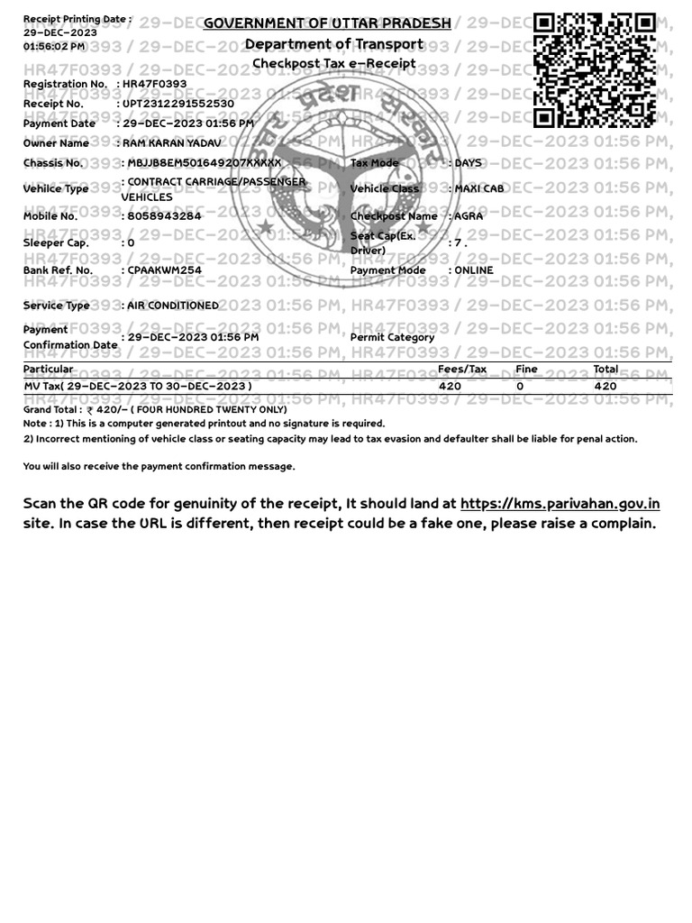Checkpost Tax E-Receipt | PDF | Payments | Vehicles