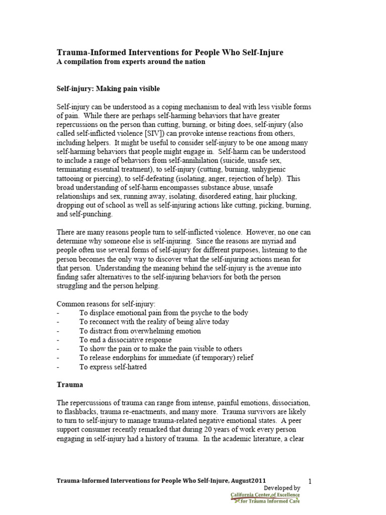 Trauma-Informed Interventions For People Who Self-Injure | PDF | Self Harm | Diseases And Disorders